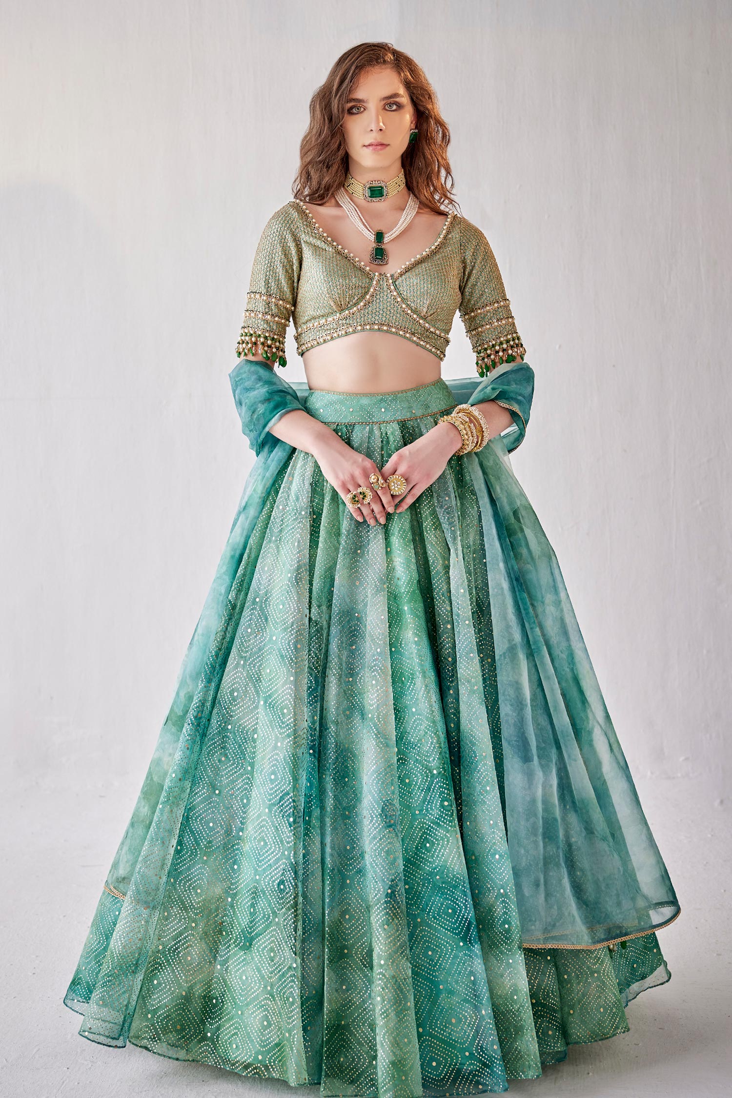 Buy Green Organza Embroidered Sequin V Neck Abstract Print Lehenga Set