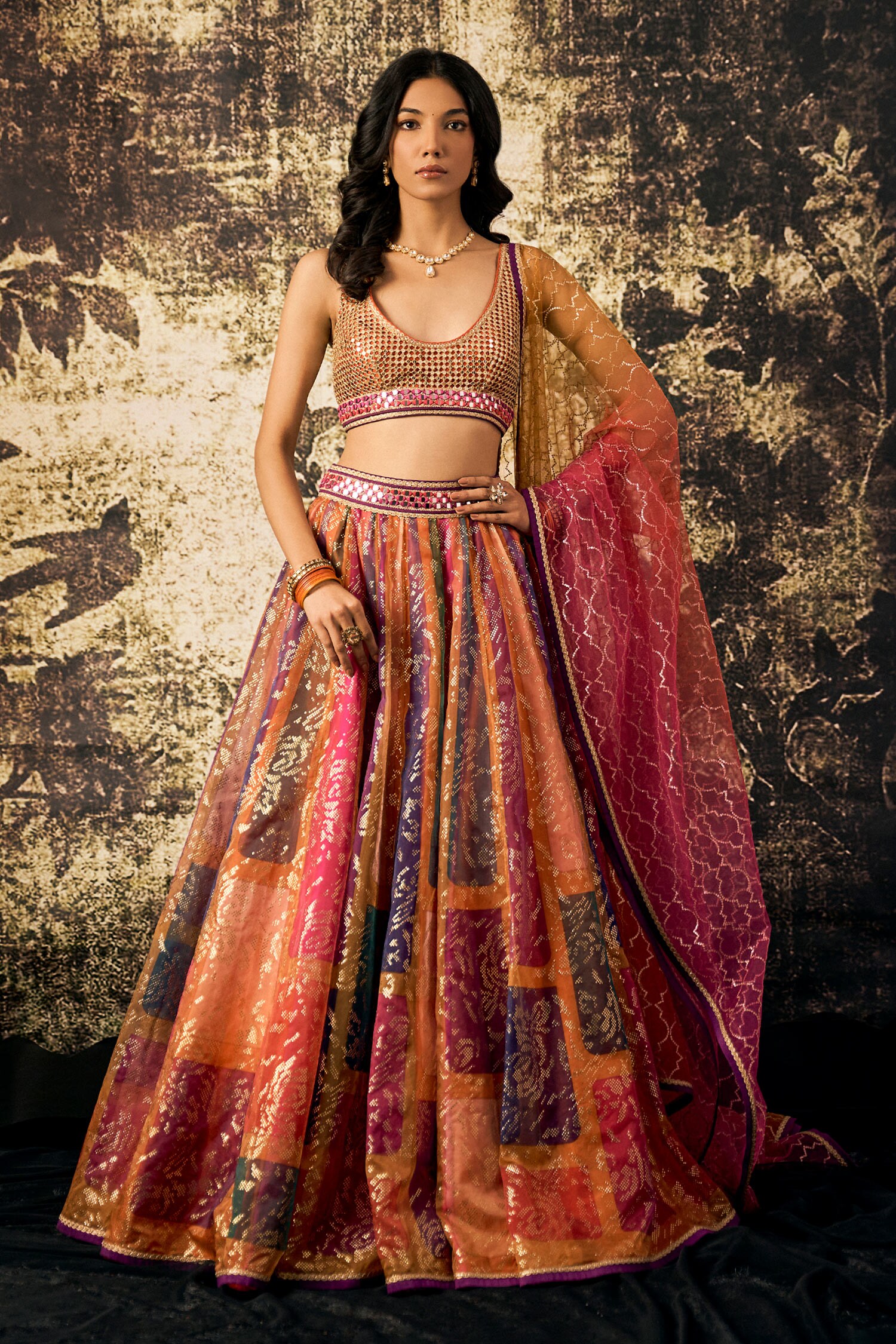 Buy Multi Color Organza Floral Foil Print Block Lehenga Blouse Set For