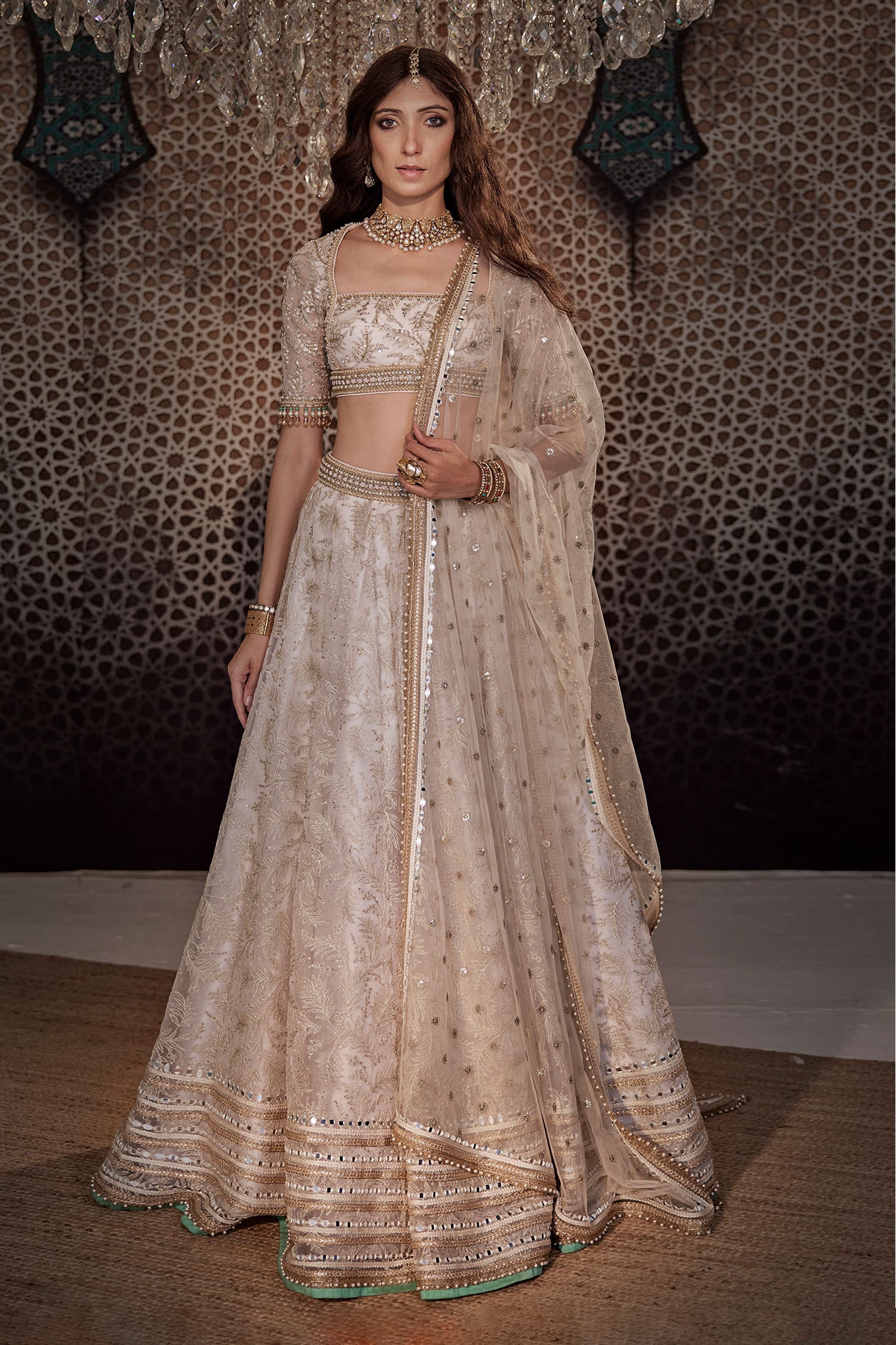 Buy Ivory Organza Embroidery Zari Square Leaves Bridal Lehenga Set For