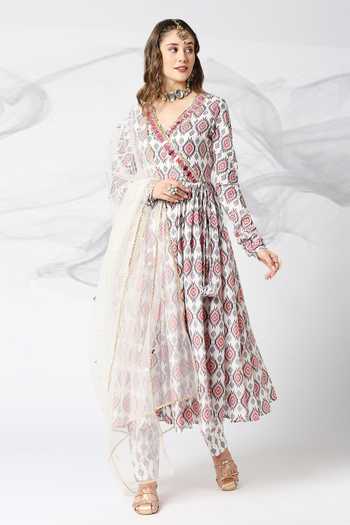 Buy Off White Muslin Silk Printed And Hand Embroidered Angarkha ...