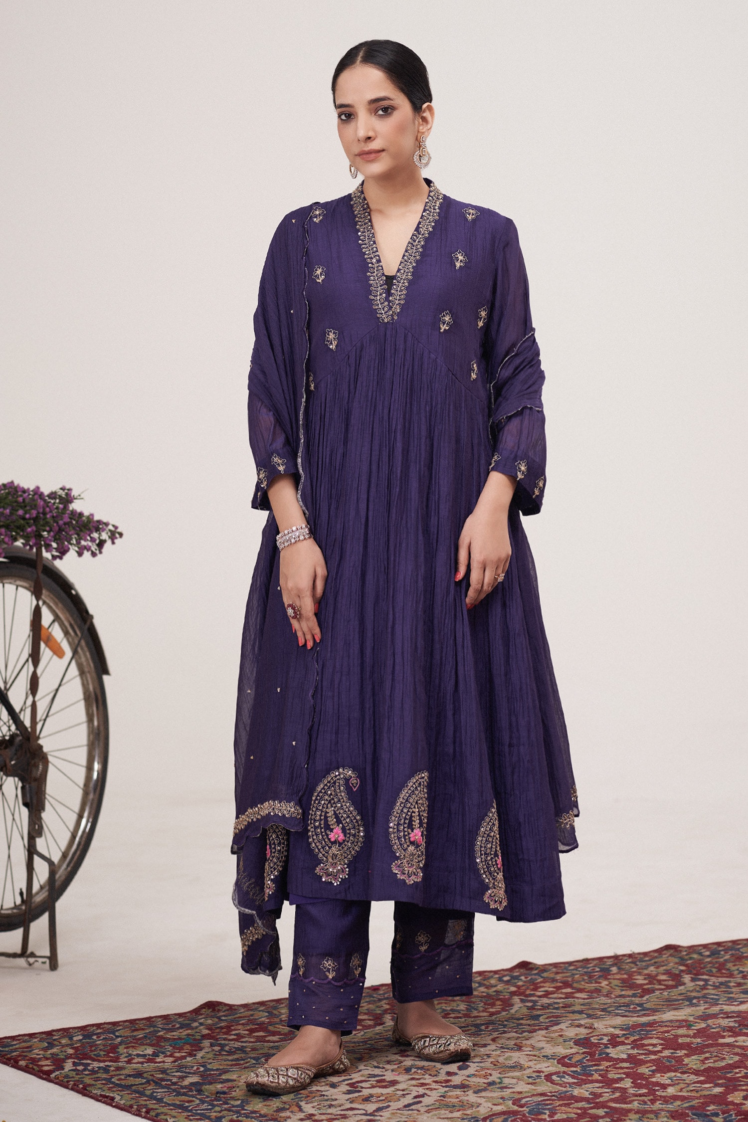 Buy Purple Malai Chanderi Embroidered Marodi V Neck Work Anarkali Pant ...