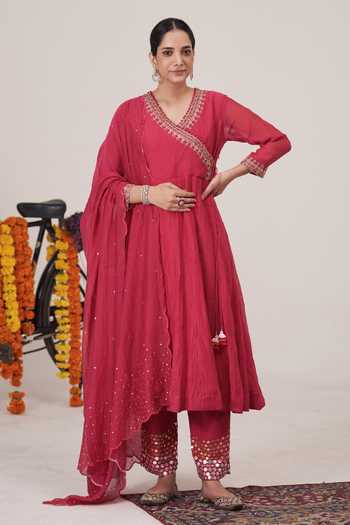 Buy Pink Malai Chanderi Embroidered Sequin V Neck Angarkha Pant Set For ...