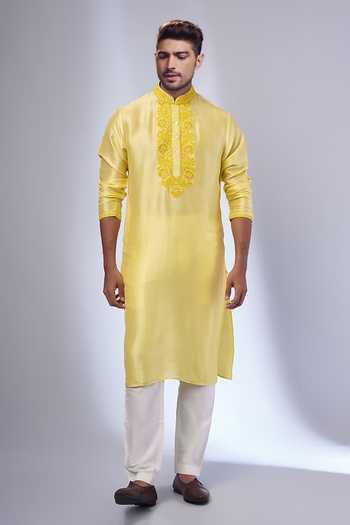 Buy Yellow Pure Silk Embroidered Dori Hand Kurta And Pant Set For Men ...