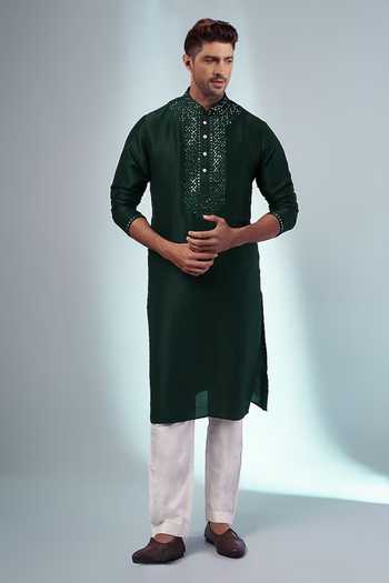 Buy SAMMOHAN CEREMONIAL Green Pure Silk Abla Embroidered Kurta And Pant ...