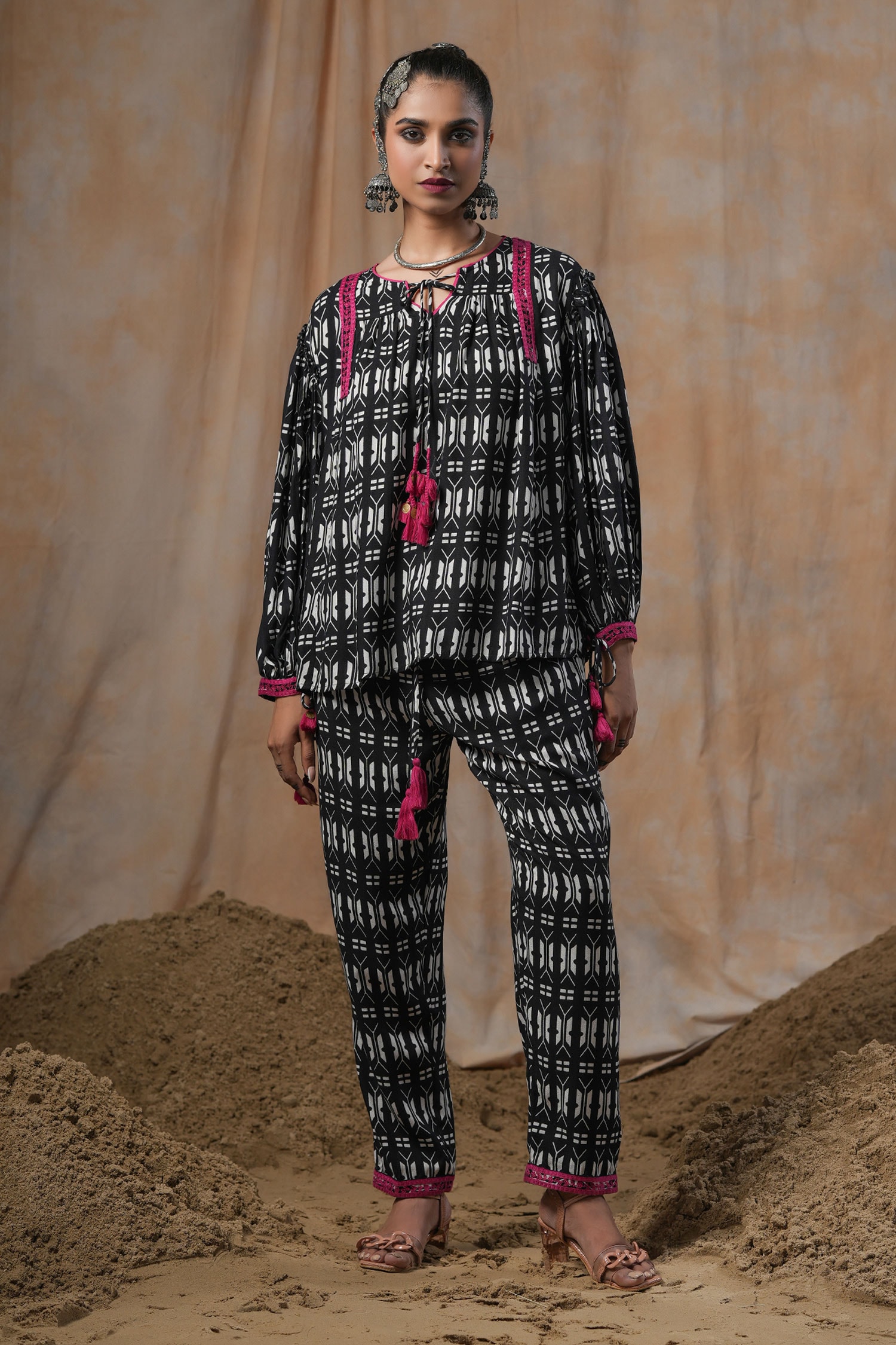 Buy Black Viscose Modal Printed Geometric Round Front Tie Top With Pant ...