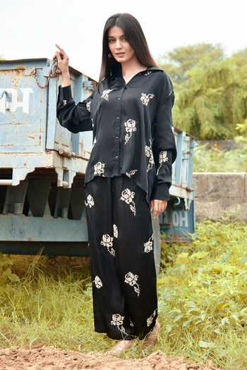 Buy Black Viscose Satin Embroidered Rose Shirt Collar Thread With Pant ...