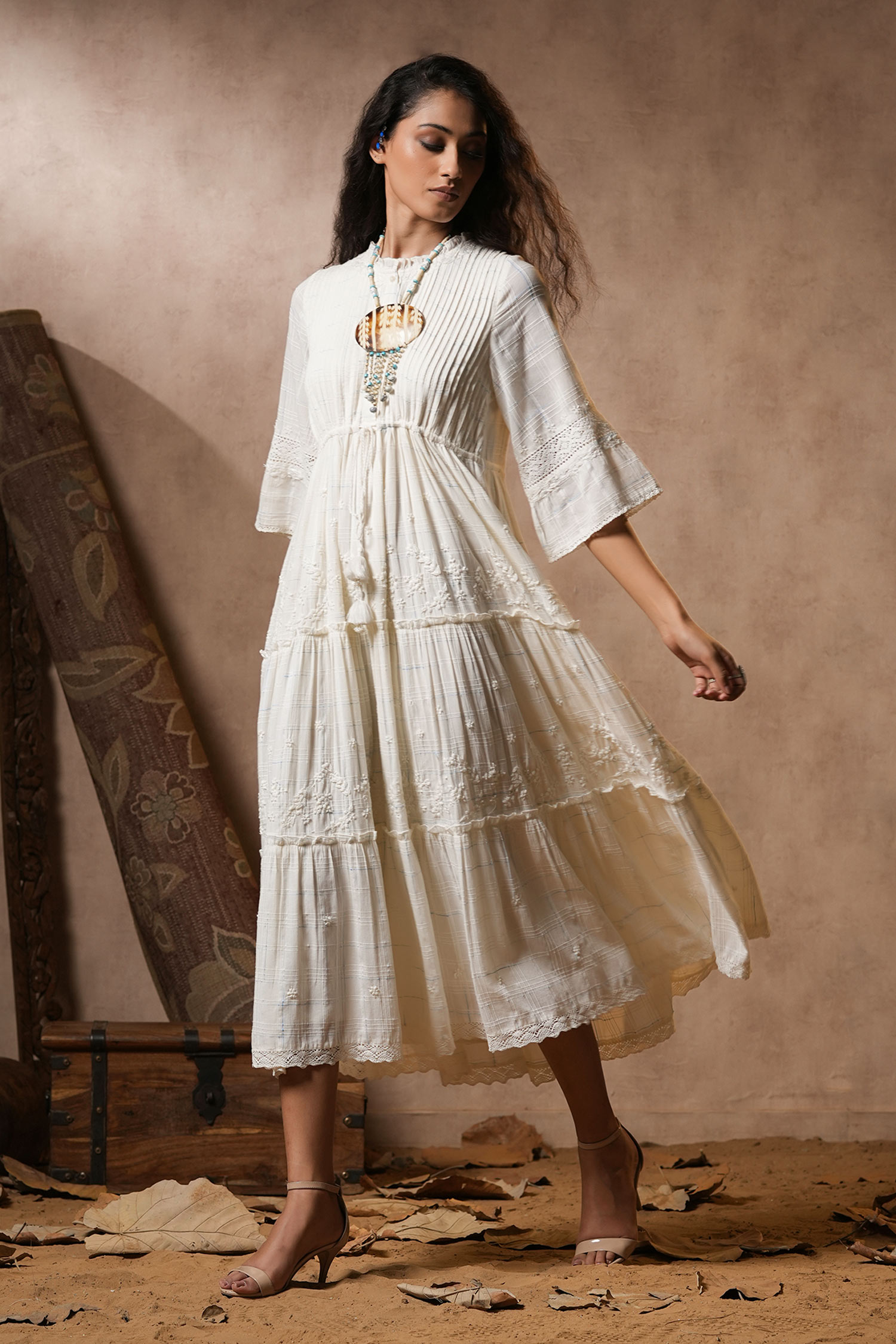 Buy White Cotton Yarn Dye Embroidered Floral Round Tonal Thread Dress ...