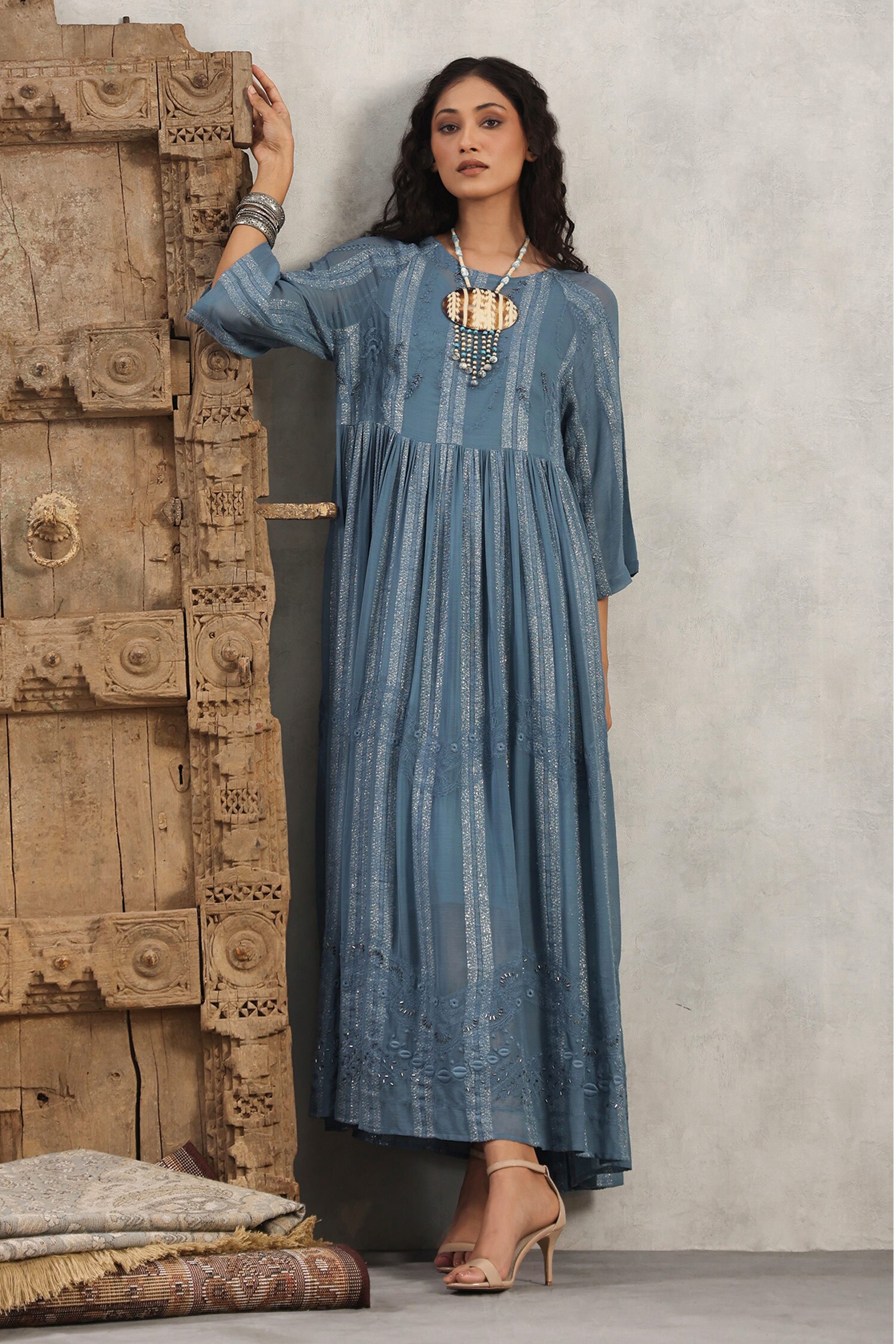 Buy Blue Viscose Georgette Embroidered Floral Shimmer Stripe Pattern ...