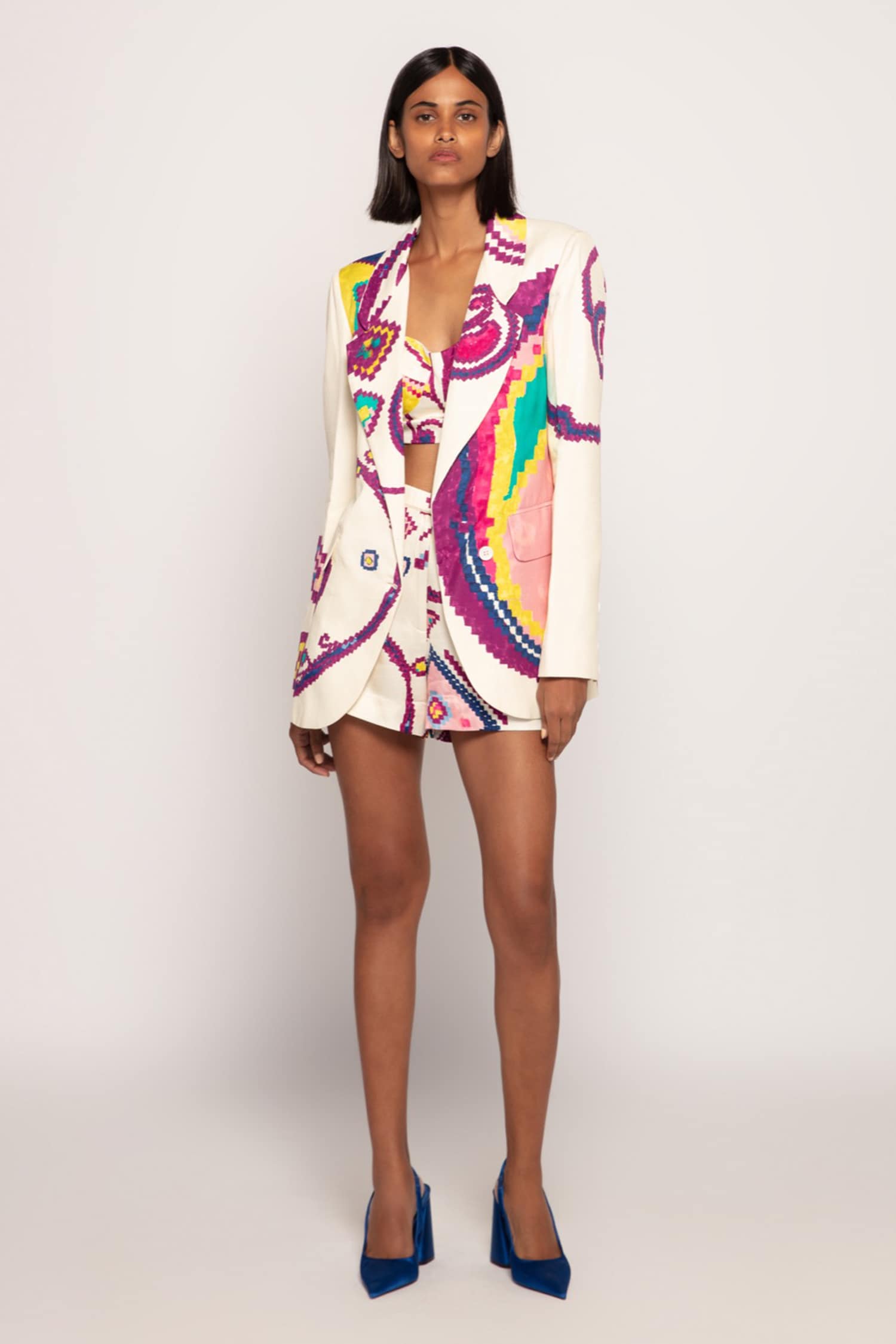 Buy Ivory Satin Print Paisley Lapel Collar Geometric Blazer For Women ...