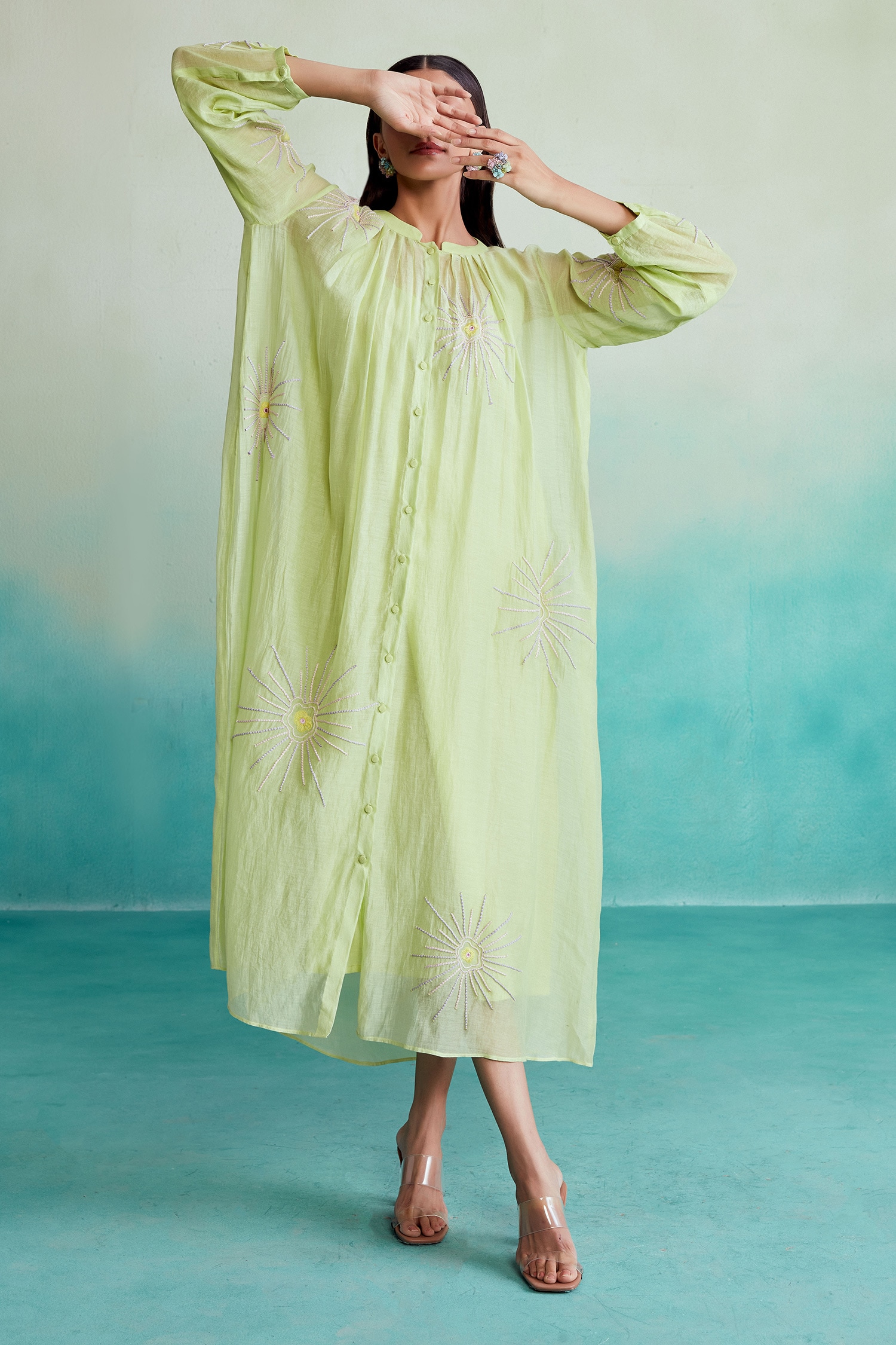 Buy Green 40g Chanderi Hand Embroidered Sun Mandarin Zesty Dress For ...