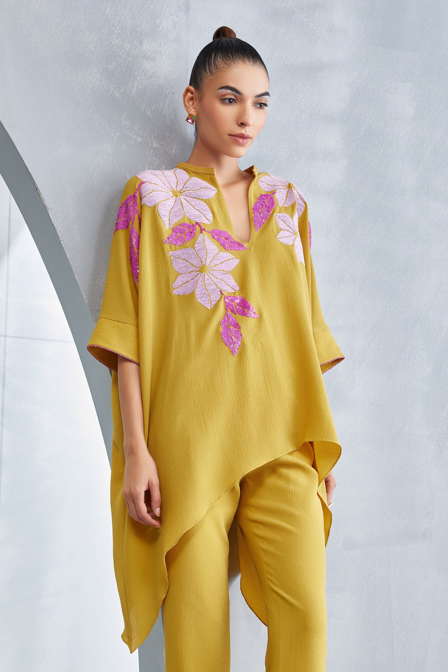 Buy Yellow Textured Crepe Embellished Thread Wild Handkerchief Hem ...