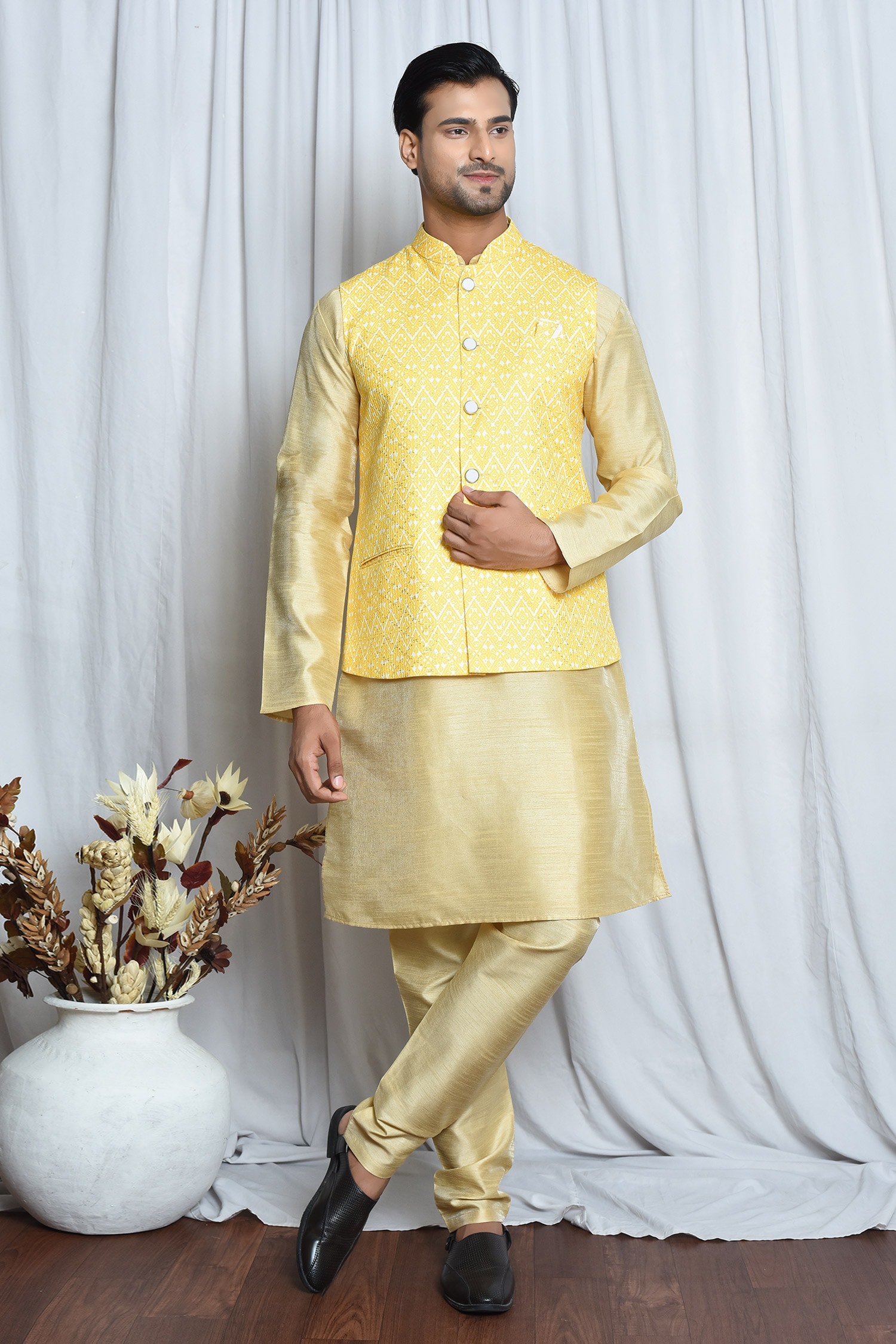 Buy Yellow Soft Cotton Flora Diamond Pattern Nehru Jacket For Men by ...