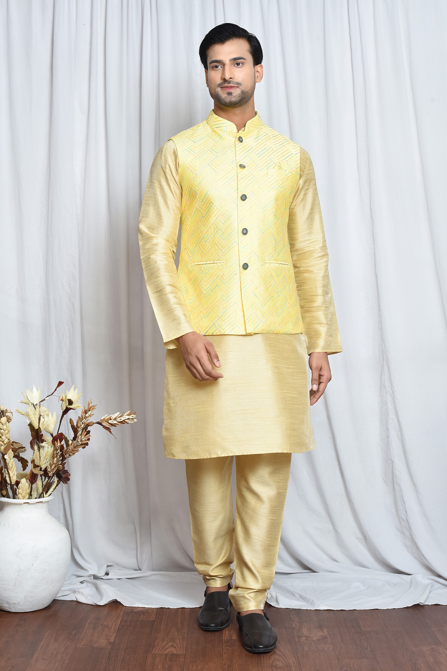 Buy Yellow Silk Maze Pattern Nehru Jacket For Men by Aryavir Malhotra ...