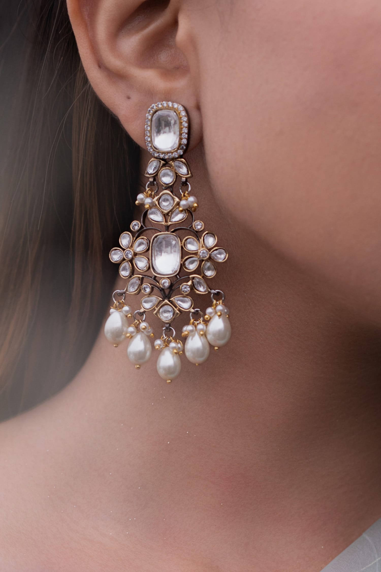 Buy Gold Plated Polki Victorian Floral Cut Work Earrings by Do Taara ...