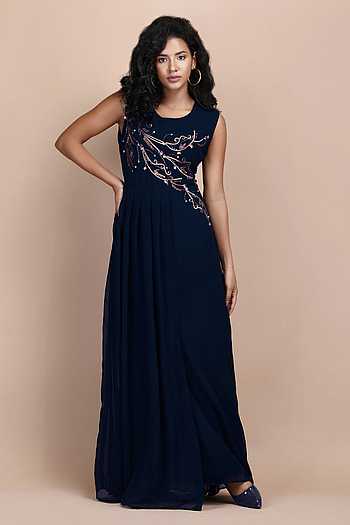 Buy LABEL IVISH Blue Silk Georgette River Daisy Floral Embroidered ...