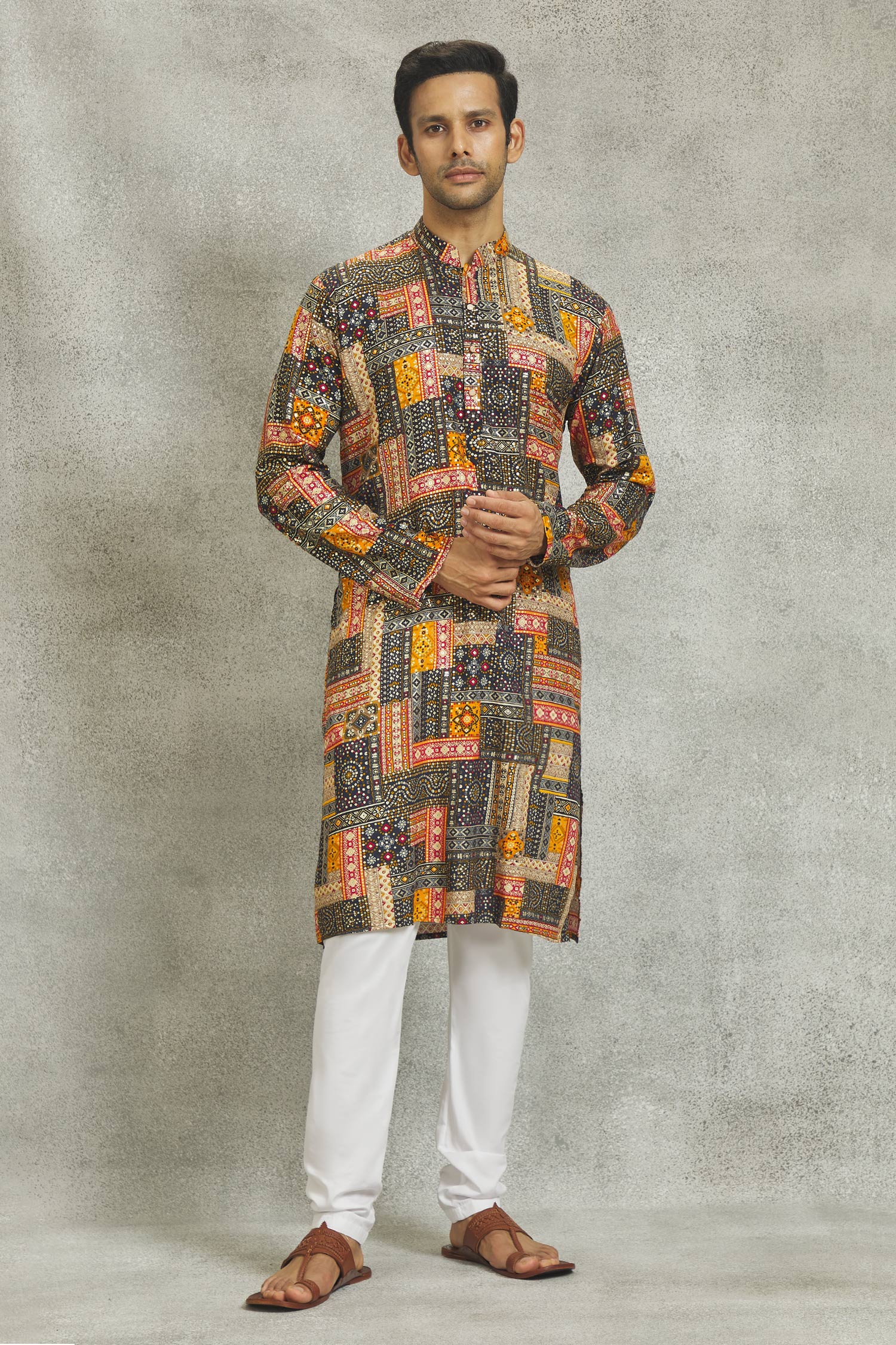 Buy Nero by Shaifali and Satya Multi Color Ruby Silk Block Print Kurta And Churidar Set Online ...