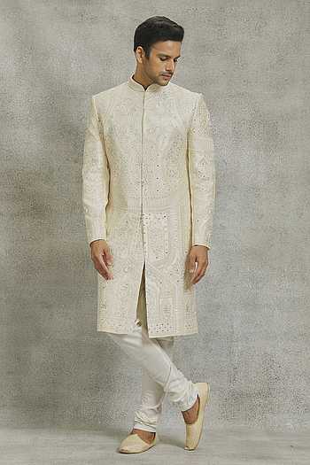 Buy Ivory Dupion Silk Embroidered Hand Work Handwork Sherwani And ...
