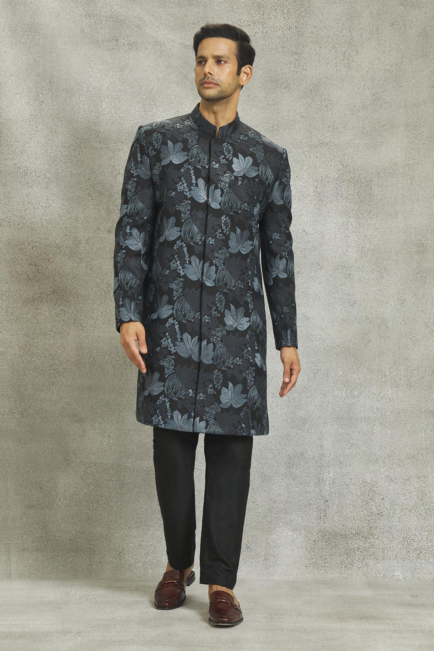 Buy Black Silk Embroidered Floral Nawabi Aligadi Set For Men by Nero by ...
