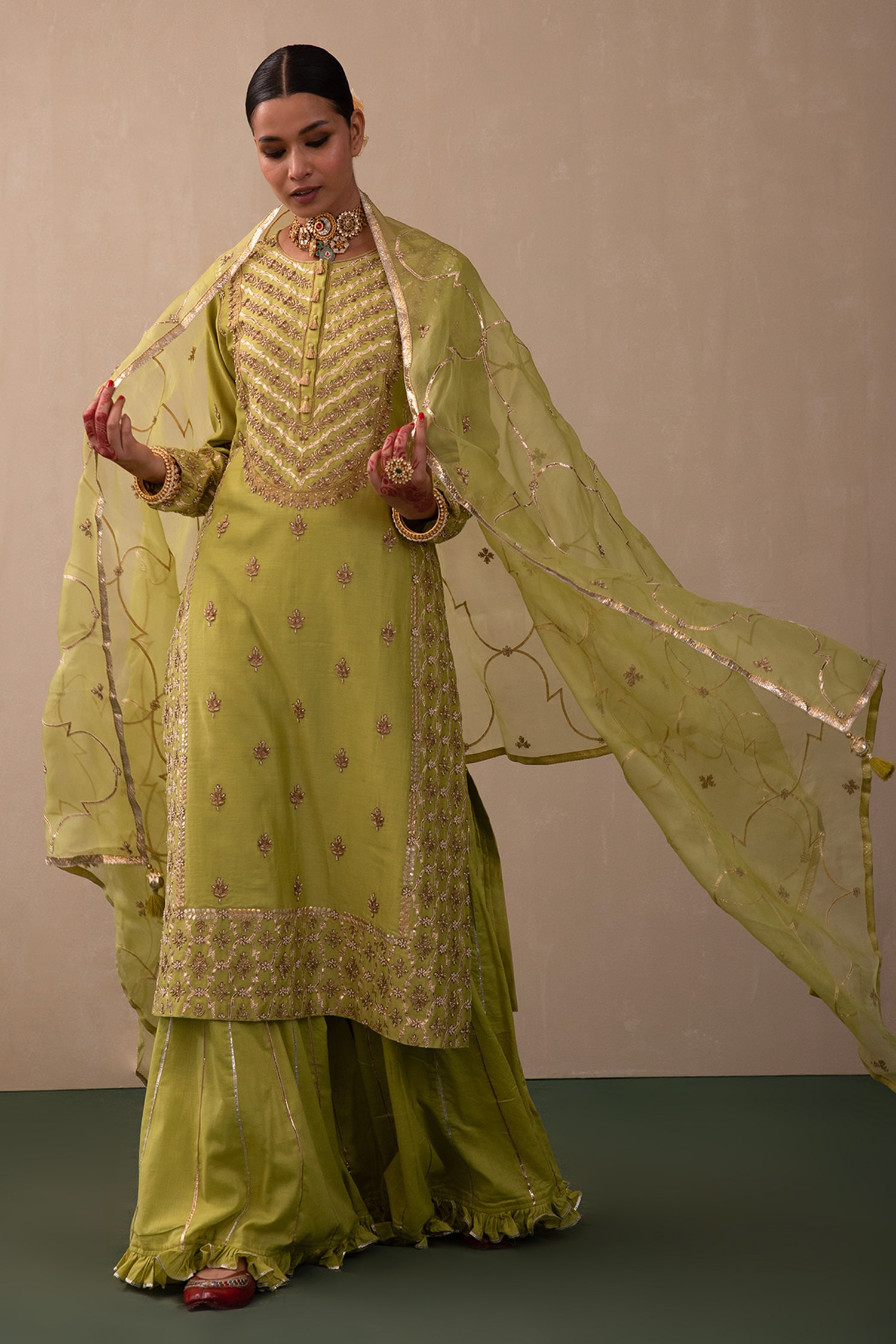 Buy Green Silk Chanderi Embroidery Zari Round And Gota Kurta Sharara Set For Women by Pink City ...