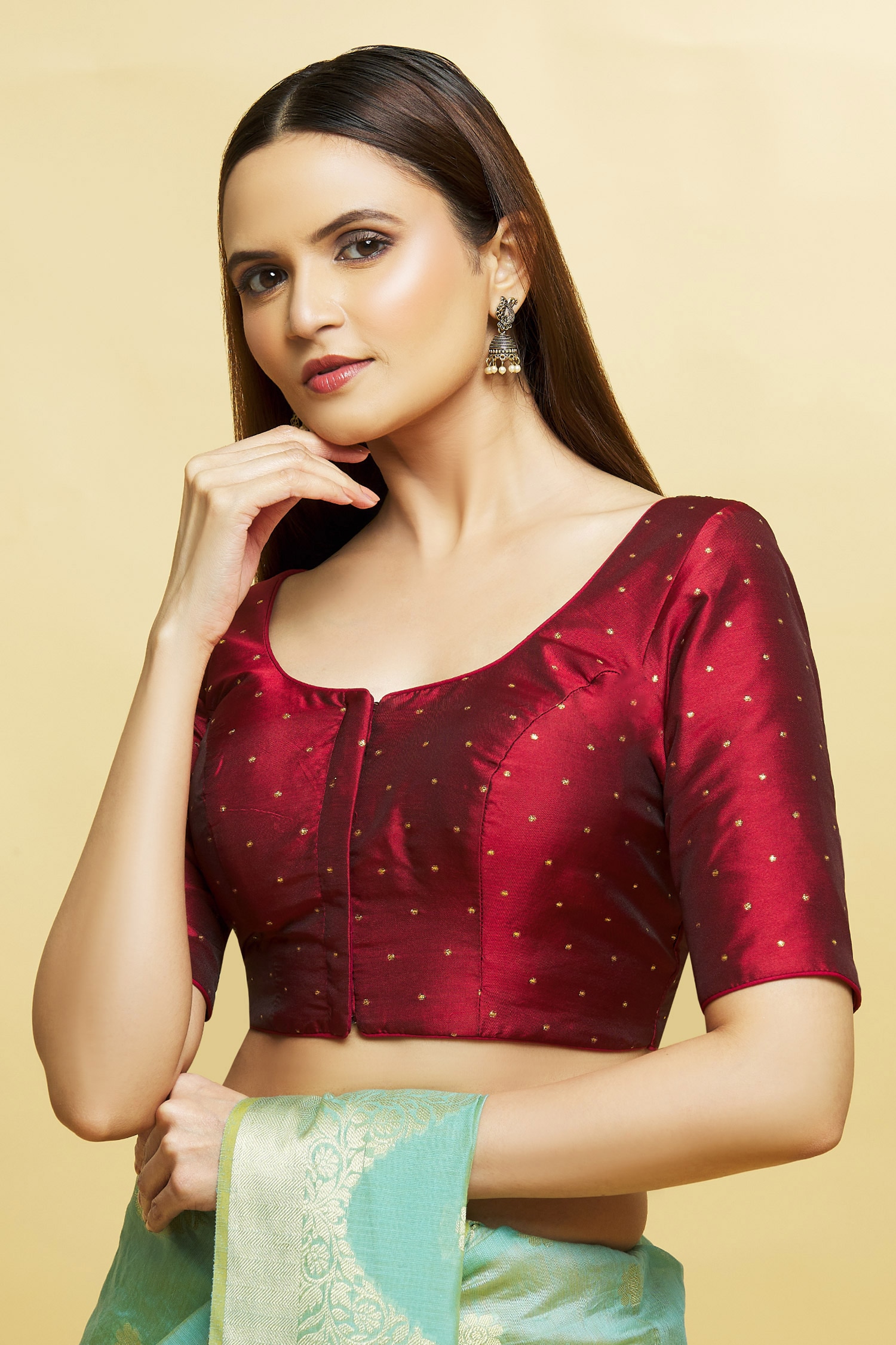 Buy Maroon Silk Embroidery Butti Scattered Half Sleeve Saree Blouse For ...