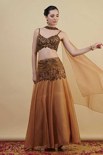 Buy Nishta Studio Gold Floral Placement Embroidered Lehenga Set Online ...