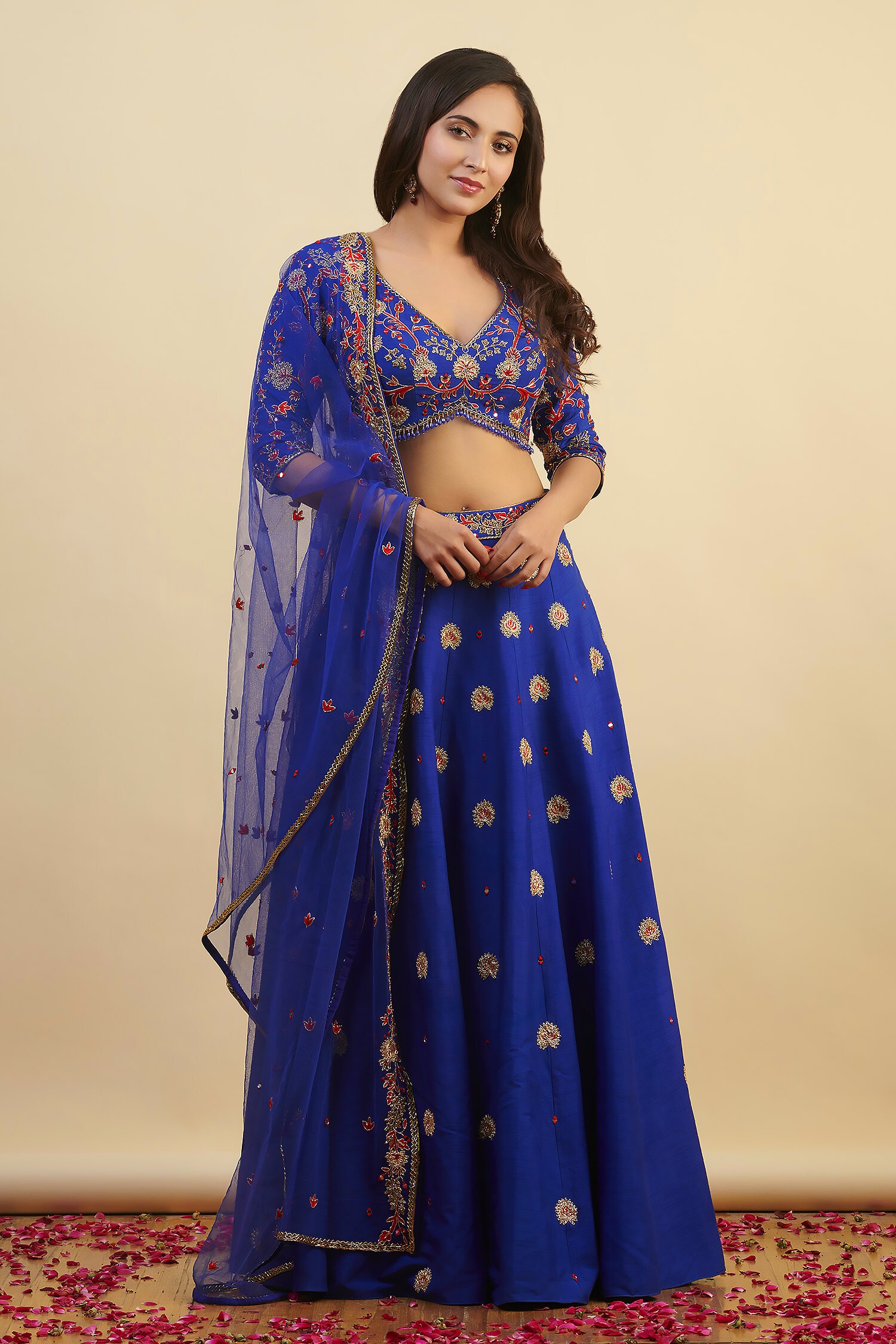 Buy Blue Lehenga And Blouse Raw Silk Embroidery Zardozi V Neck Floral