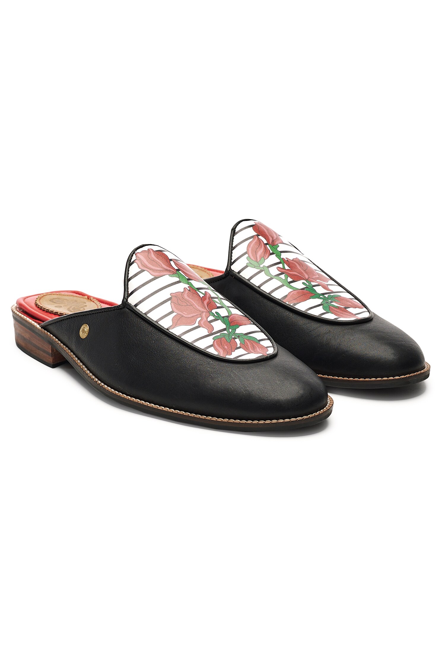 Buy Banjaaran Studio Black Genuine Leather Bloom Leather Mules Online ...