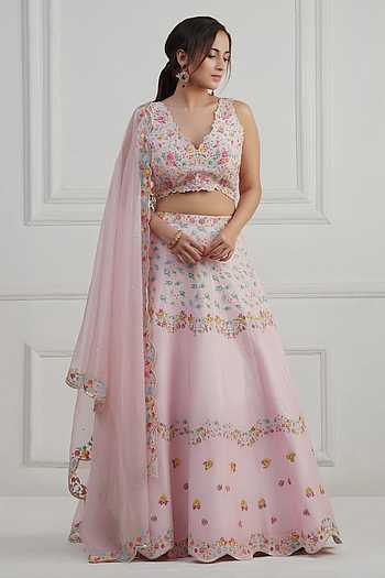 Buy Pink Blouse And Lehenga Silk Embroidery Thread V Neck Set For Women ...