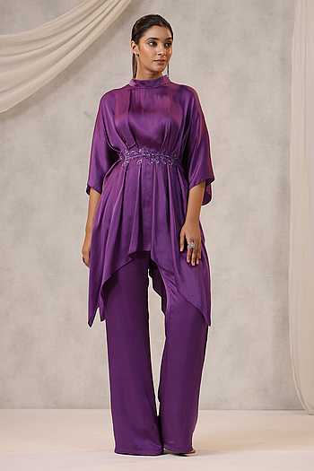 Buy Purple Georgette Embroidered Floral Embellished Tunic And Pant Set ...