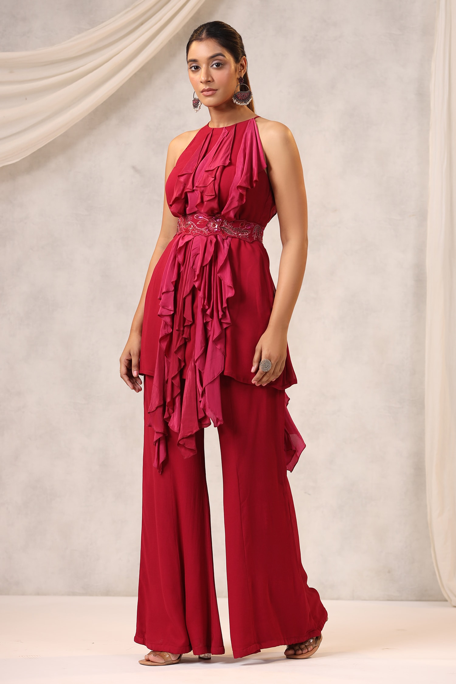 Buy k-anshika Pink Zero Net Halter Neck Top Pant Set Online | Aza Fashions