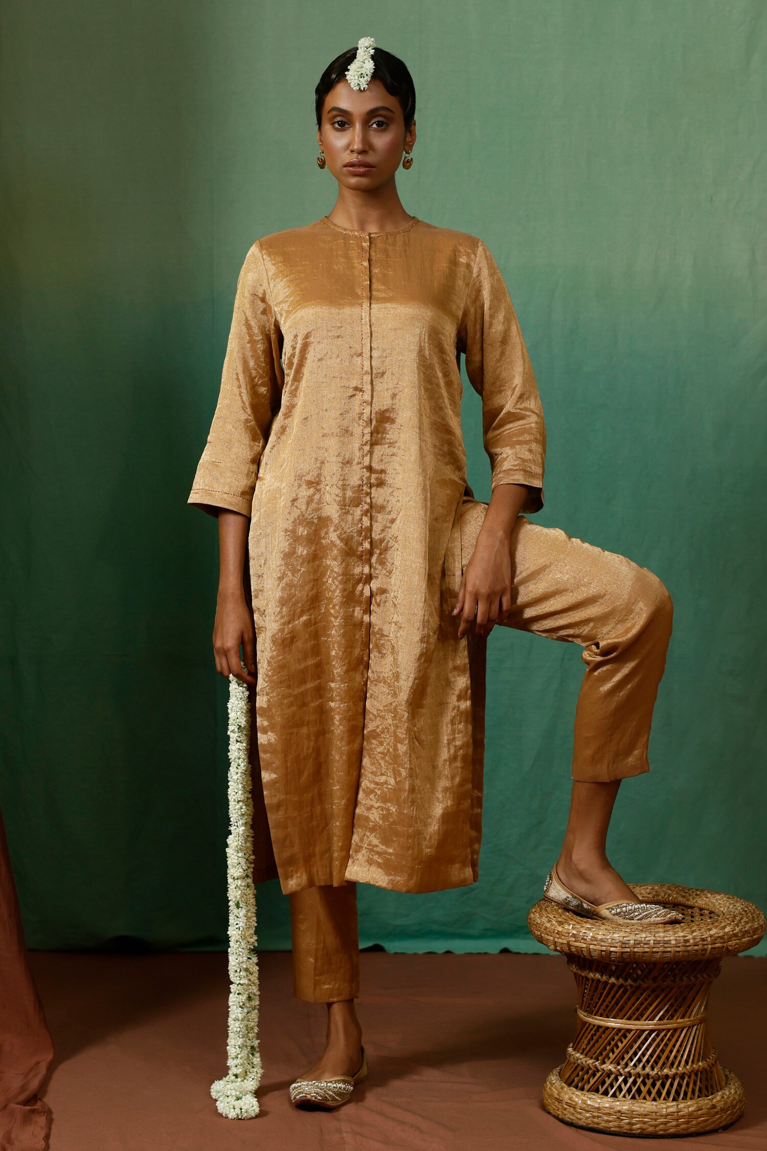 Buy Chokhi Chorri Gold Silk Tissue Suvarn Straight Kurta And Pant Set ...