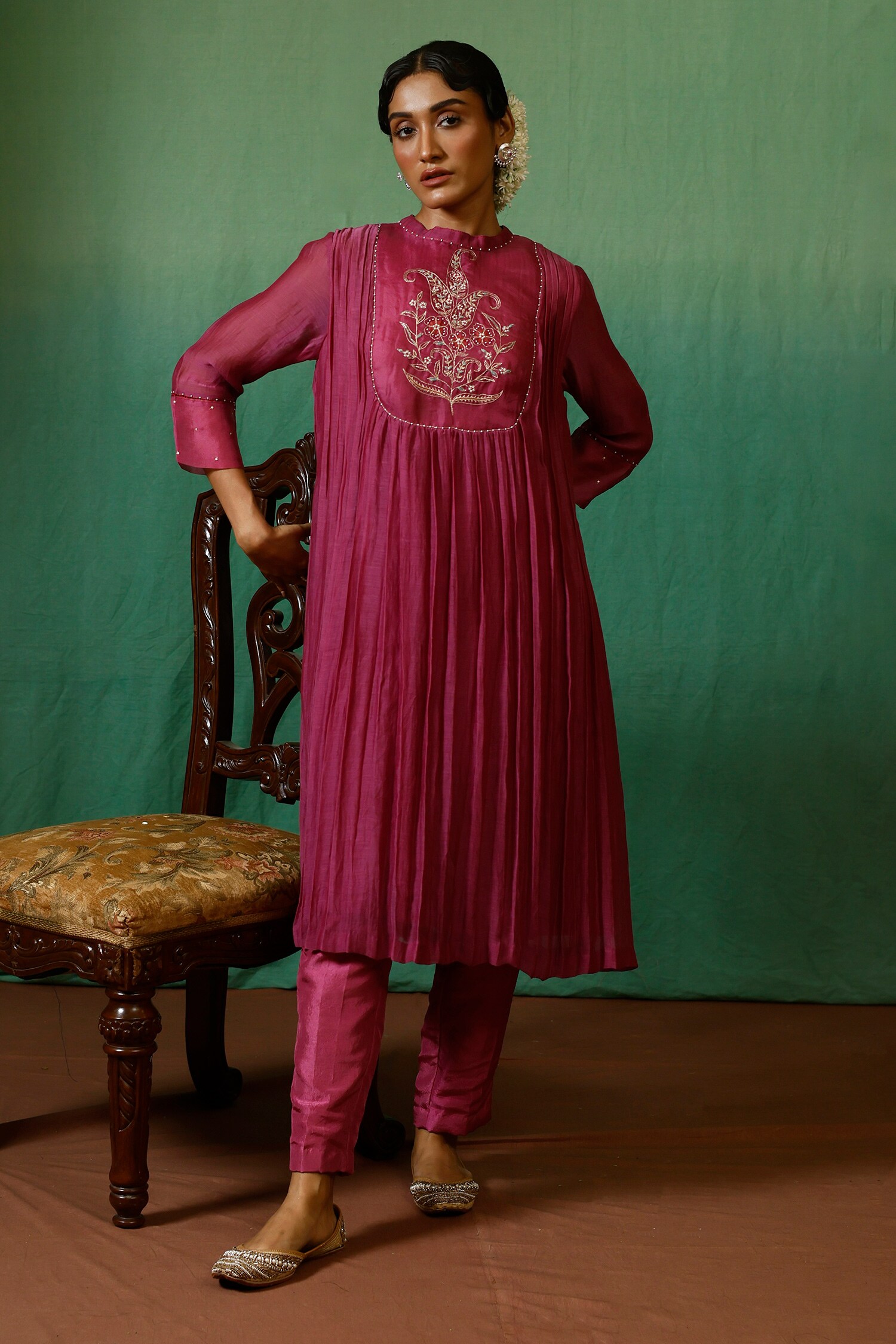 Buy Chokhi Chorri Magenta Nissa Pleated Kurta And Pant Set Online | Aza ...