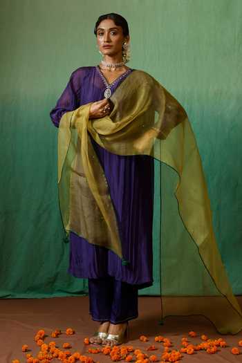 Buy Purple Kurta: Malai Chanderi Embroidered Hiranya Yoke Gathered Set ...