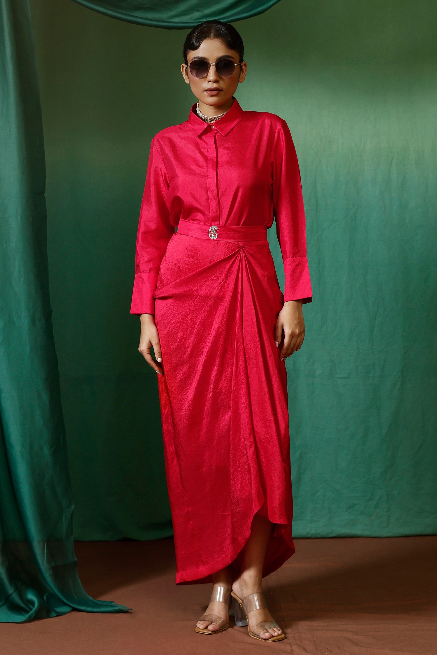 Buy Chokhi Chorri Pink Roop Silk Shirt Draped Skirt Set Online | Aza ...