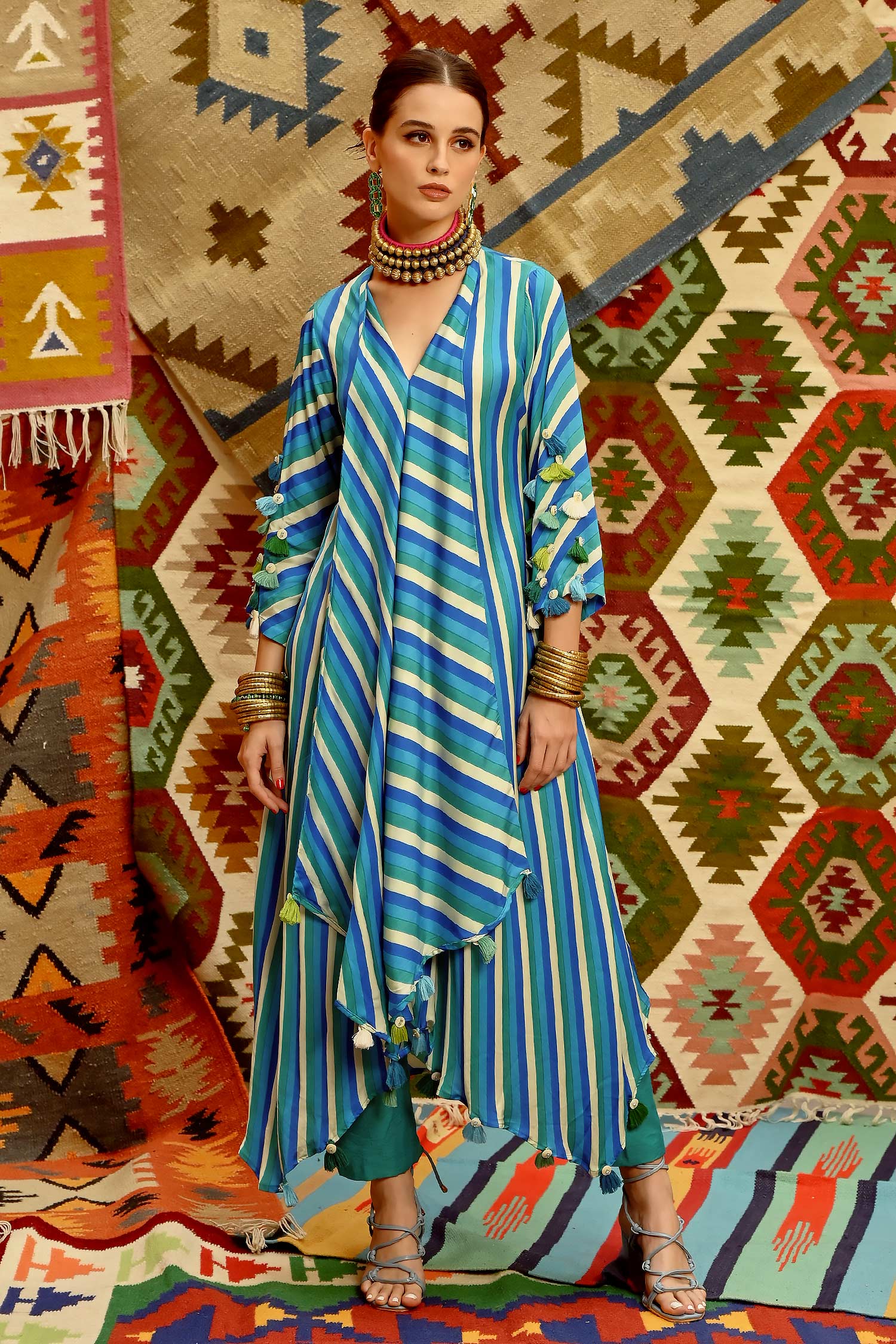 Buy Pallavi Jaipur Blue Leheriya Pattern Gathered Tunic And Pant Set ...