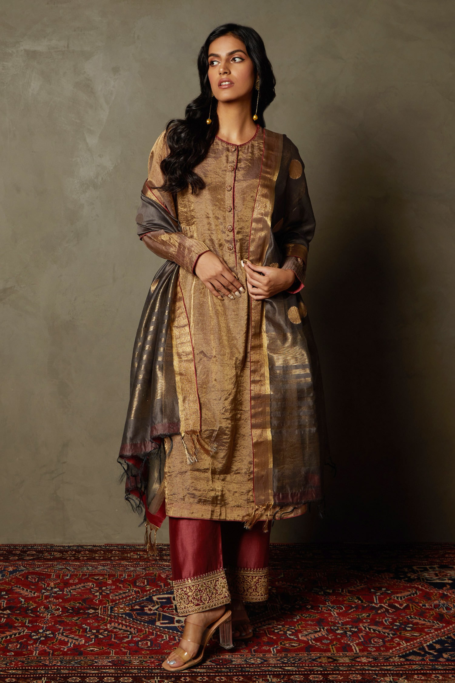 Buy RI.Ritu Kumar Gold Metallic Woven Panelled Kurta Set Online | Aza ...