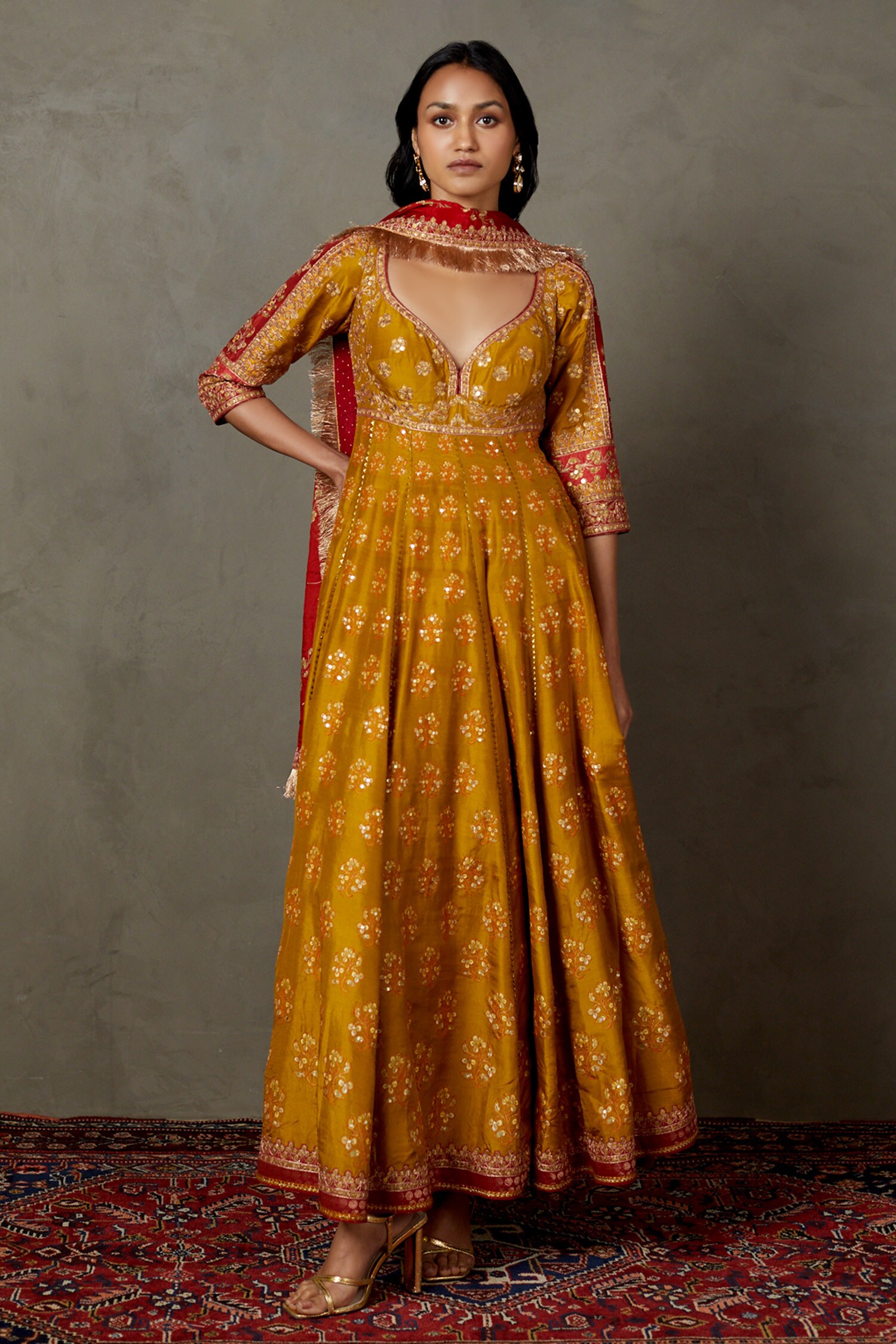 Buy Green Silk Flat Dupion Embroidered Thread Leaf Sequin Anarkali Set ...