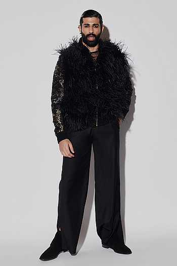Buy Varun Bahl Black Brocade Embroidered Feather Bomber Jacket And ...