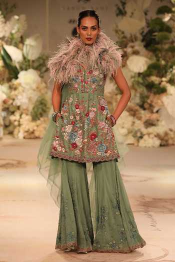 Buy Varun Bahl Green Dupion Silk Floral Bloom Embroidered Kurta Sharara ...