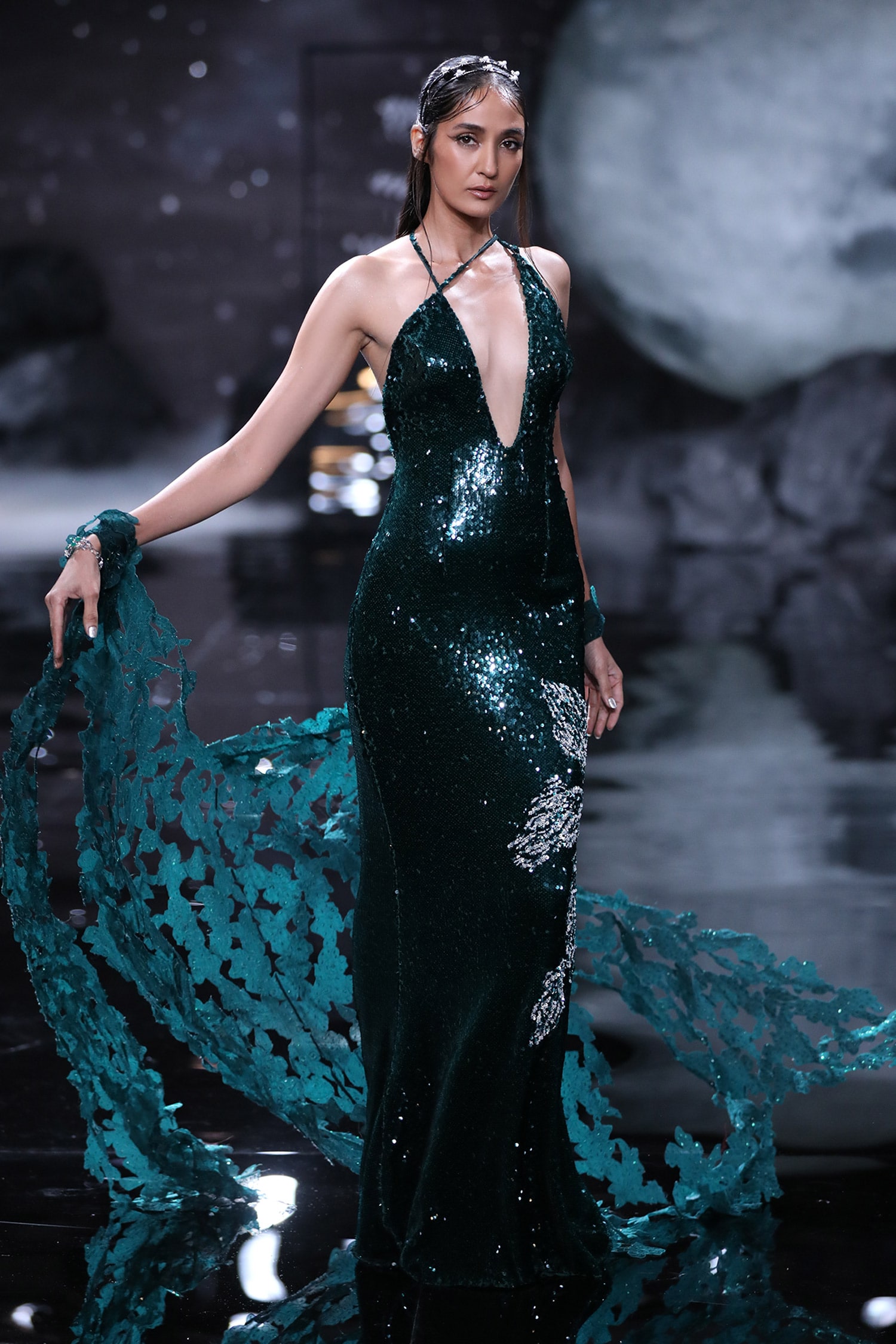 Buy Dolly J Green Lycra Clio Sequinned Gown With Hand Cape Online | Aza ...