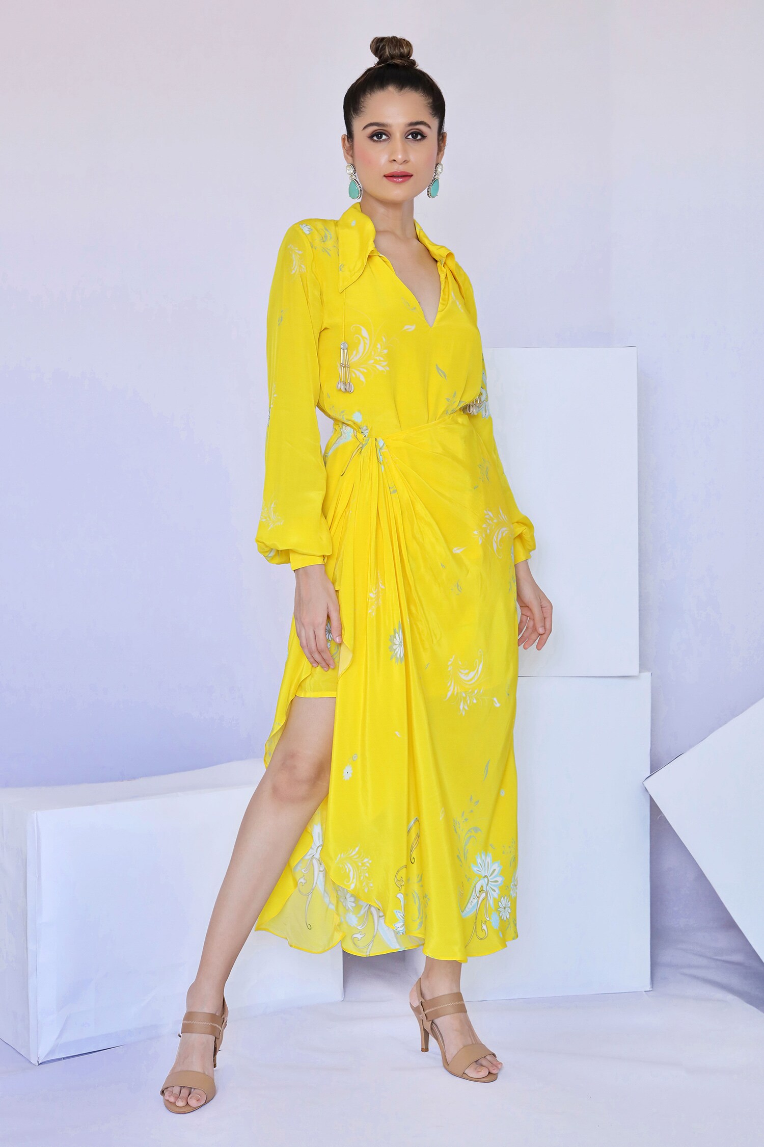 Buy Yellow Natural Crepe Print Buttercup Bloom Wide Collar Neck Wrap ...