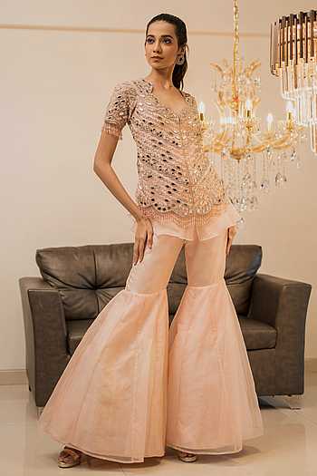 Buy Peach Organza Embroidered Mirrorwork Embellished Kurta With Gharara ...