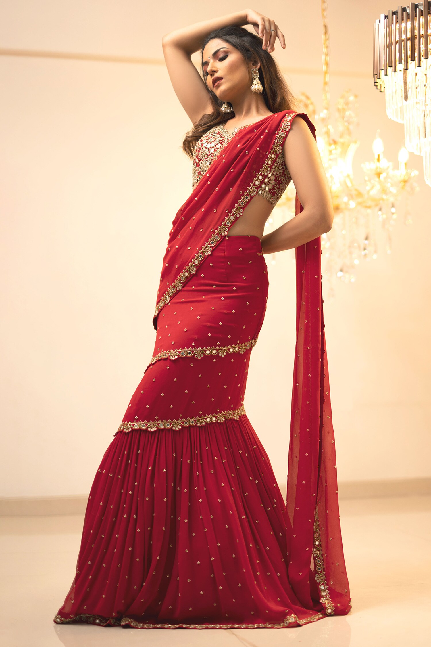 Buy Foram Patel Red Georgette Mermaid Pre-draped Embellished Saree With ...