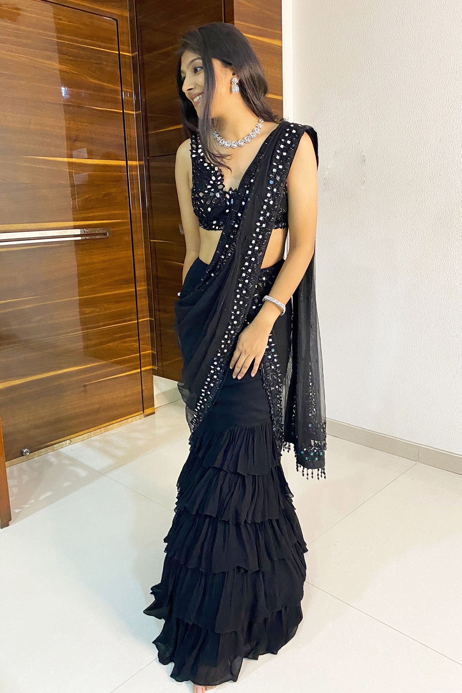 Buy Foram Patel Black Georgette Mermaid Tiered Lehenga Set With ...