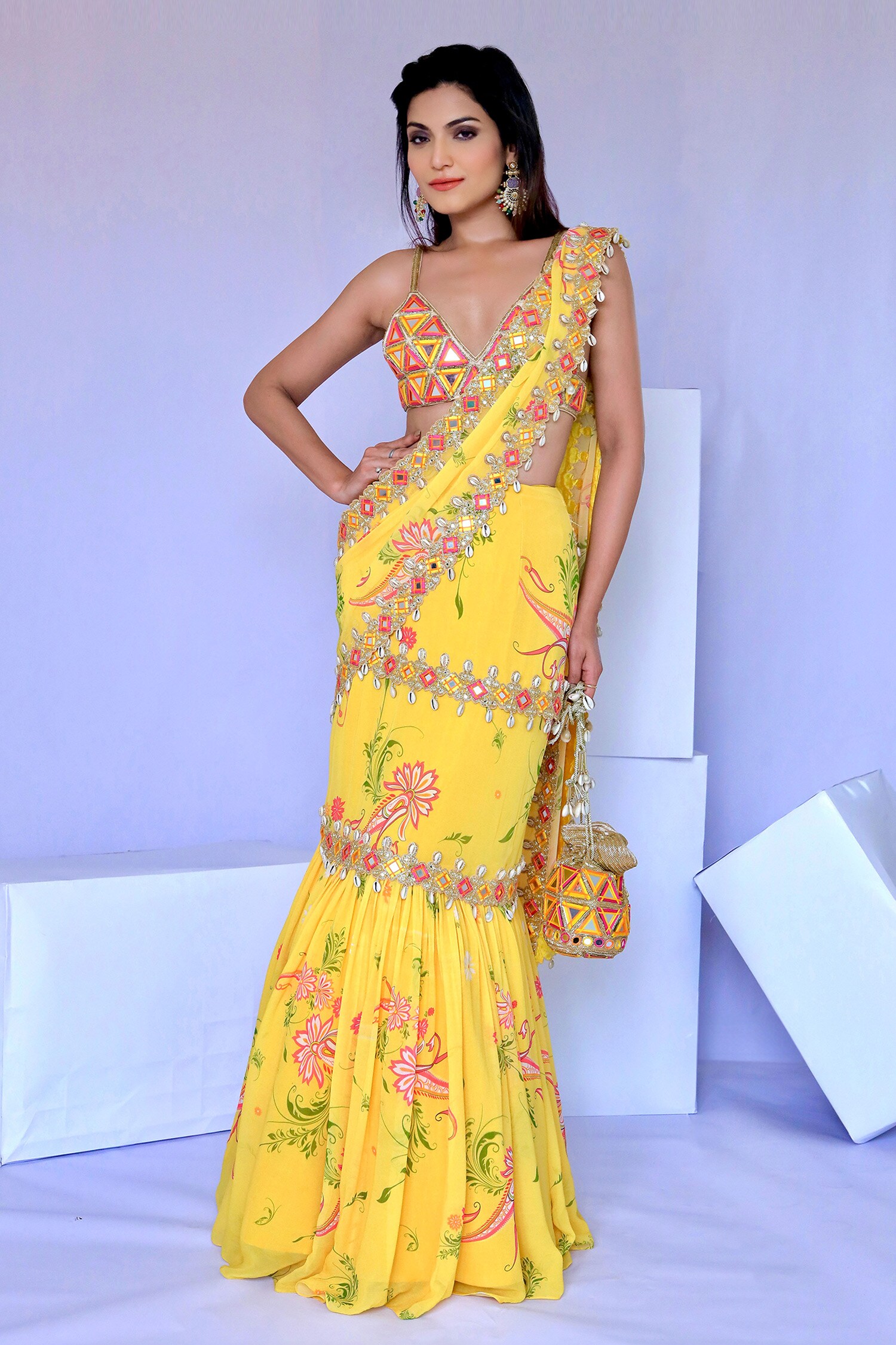 Buy Foram Patel Yellow Georgette Paisley Print Mermaid Pre-draped Saree ...