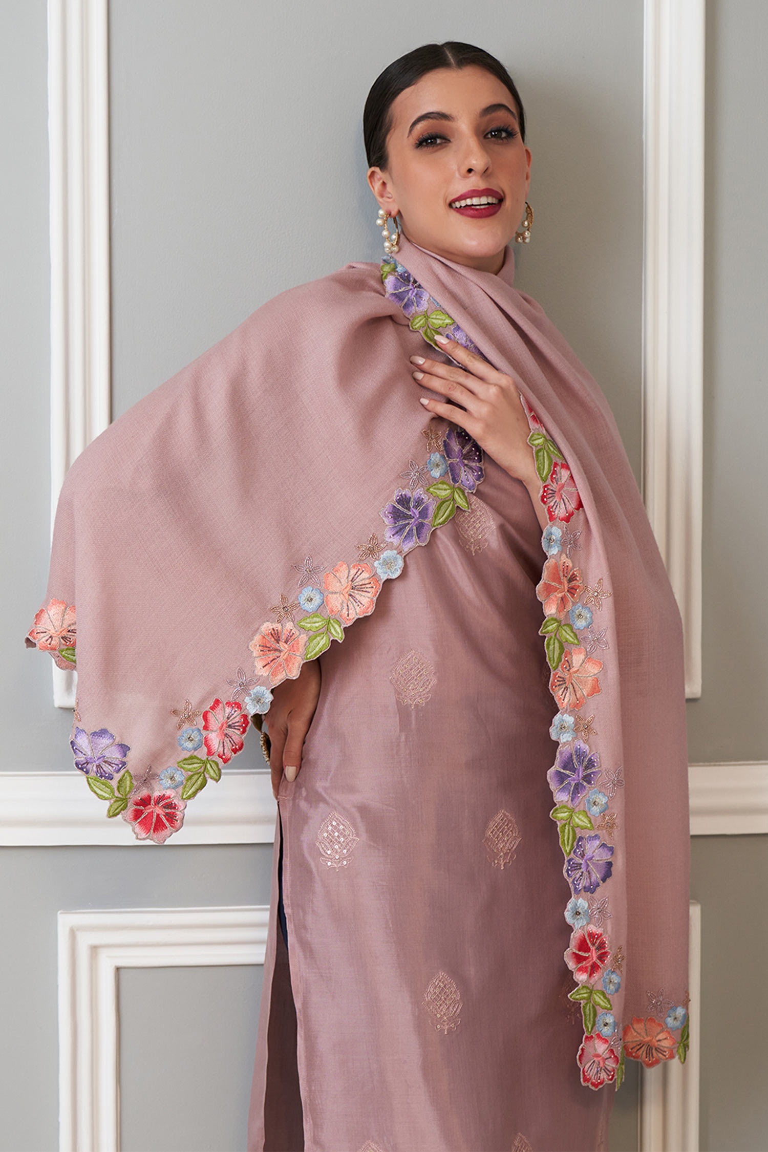 Buy Pink Embroidered Floral Sprinkle Border Stole by MAULI CASHMERE ...