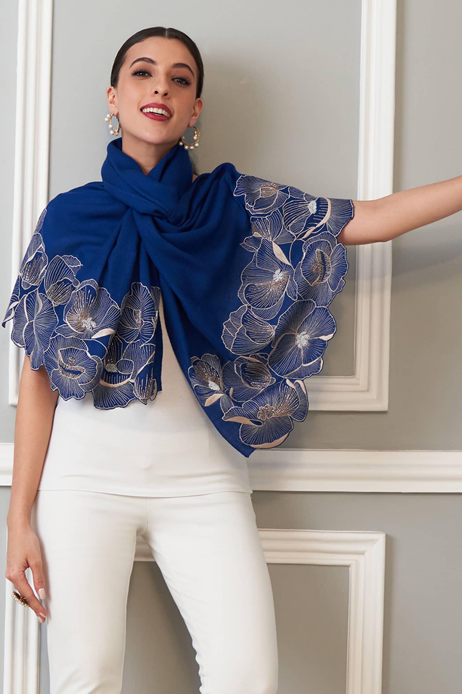 Buy Blue Embroidered Poppy Stole by MAULI CASHMERE Online at Aza Fashions.