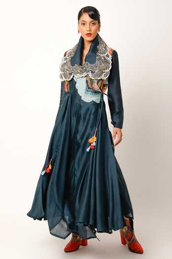 Buy Jajaabor Blue Silk Chanderi Thread Work Collar Angarkha And Pant ...