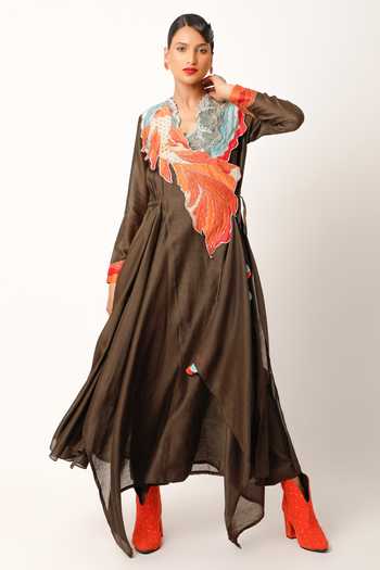 Buy Brown Silk Chanderi Embroidered And Thread Work Angarkha & Pant Set ...