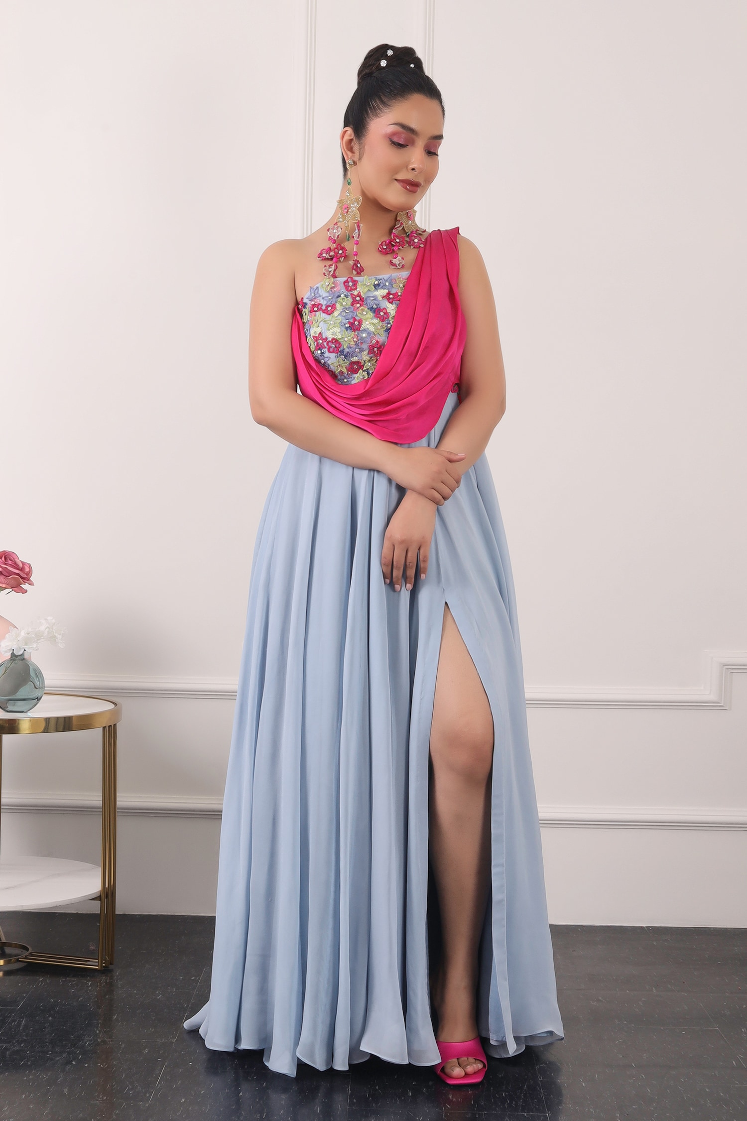 Buy Blue Georgette Placement Hand Embroidery Bodice Color Block Gown ...